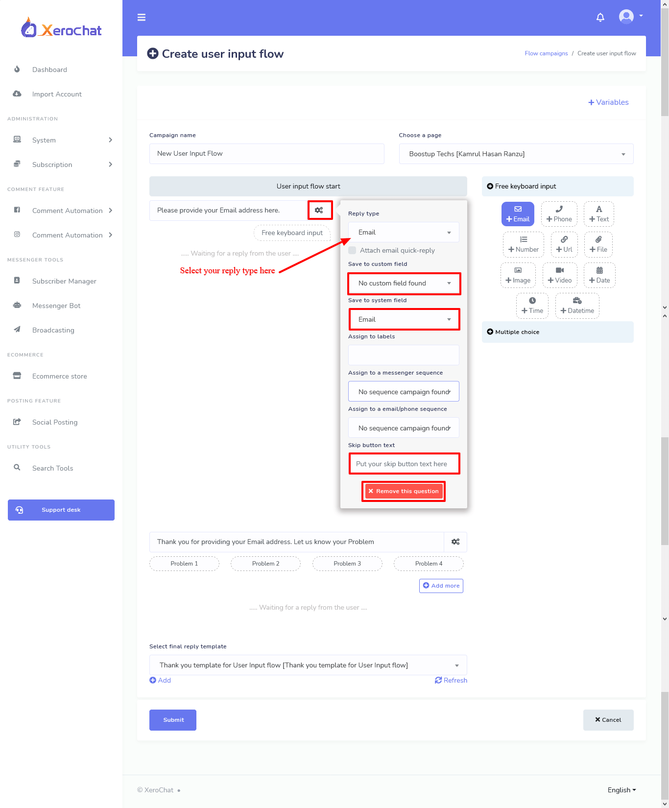 User Input Flow and Custom Fields | Docs | XeroChat